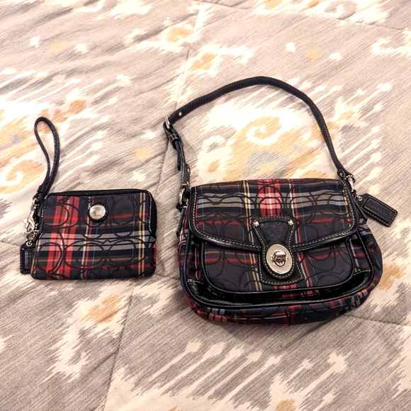 Coach | Bags | Genuine Red Black Plaid Coach Purse Wallet Set Dark Fall ...